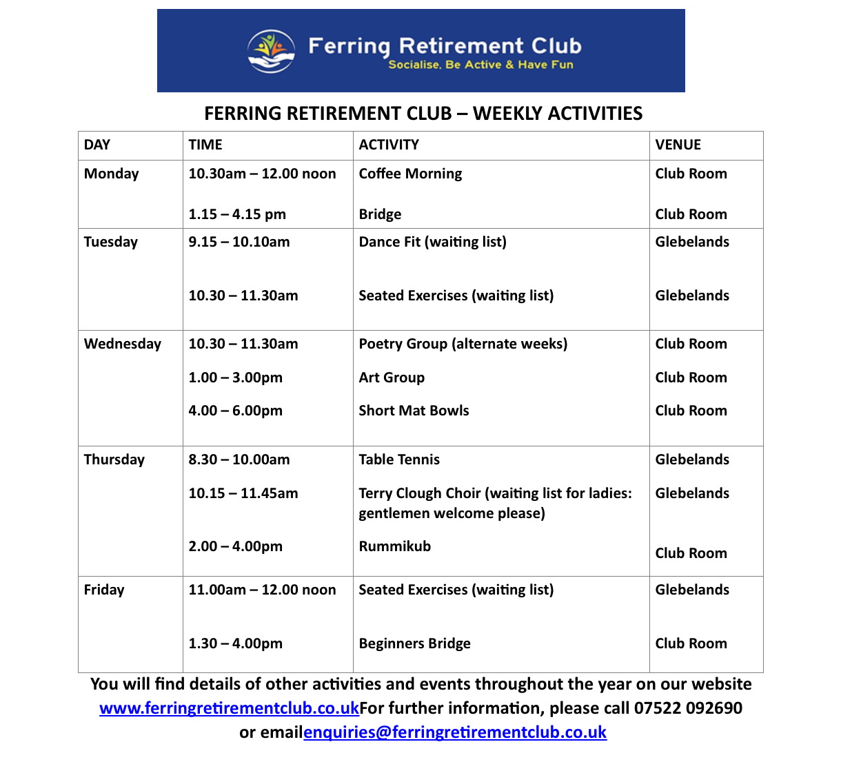 Activities - Ferring Retirement Club